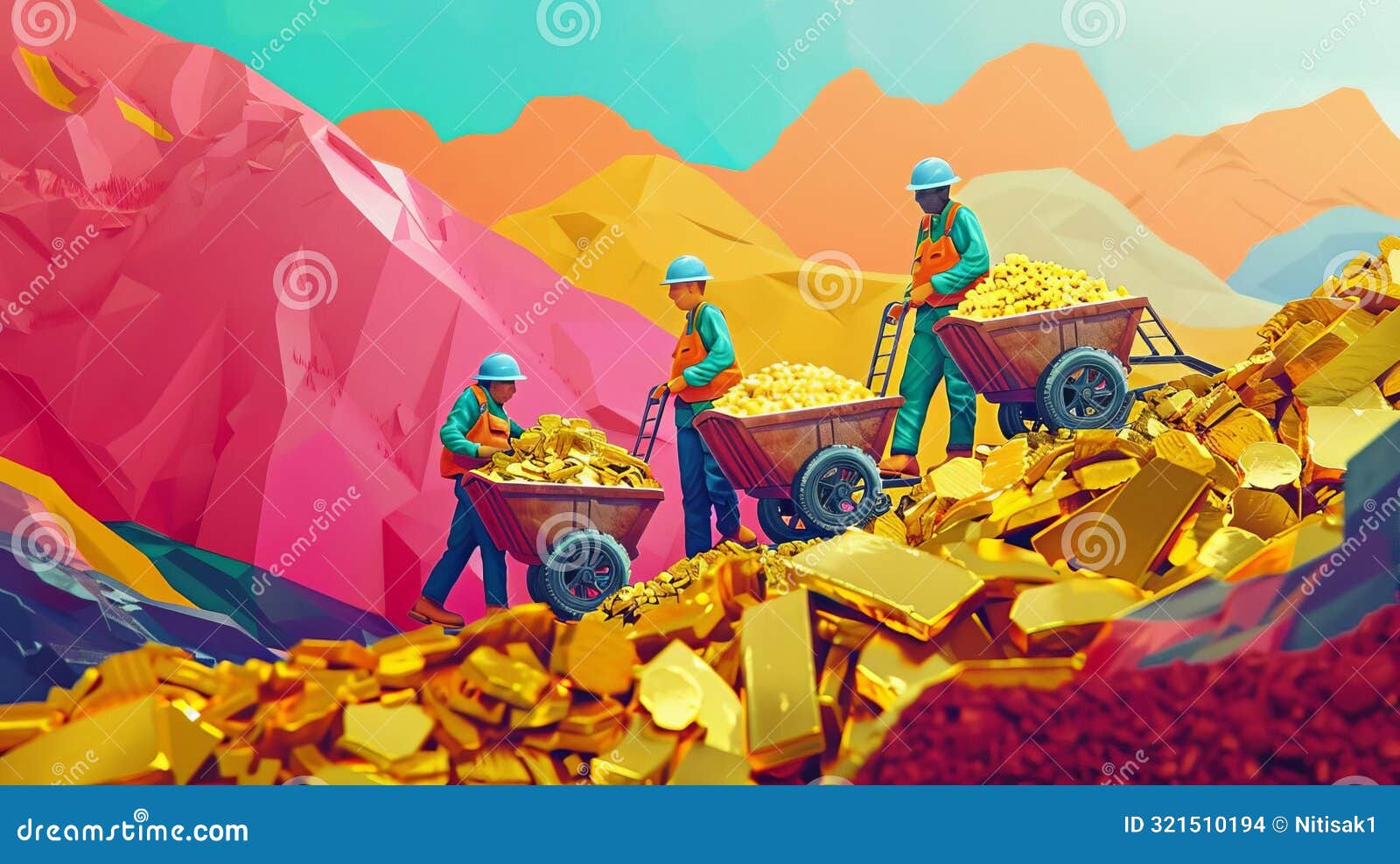 3 Illustration of Miners Transporting Gold with a Colorful Backdrop ...