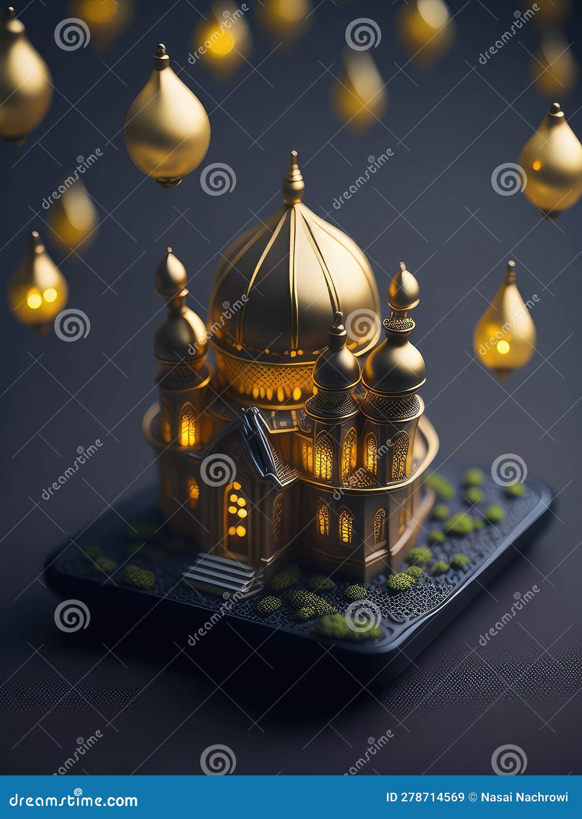 Illustration of a Miniature Mosque Golden Architectural Model Displayed ...