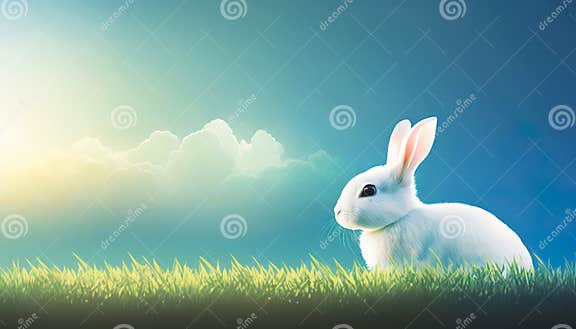 Illustration Minimal Beautiful Bunny In A Grass Nice Rabbit Sitting On The Meadow Grass Grass