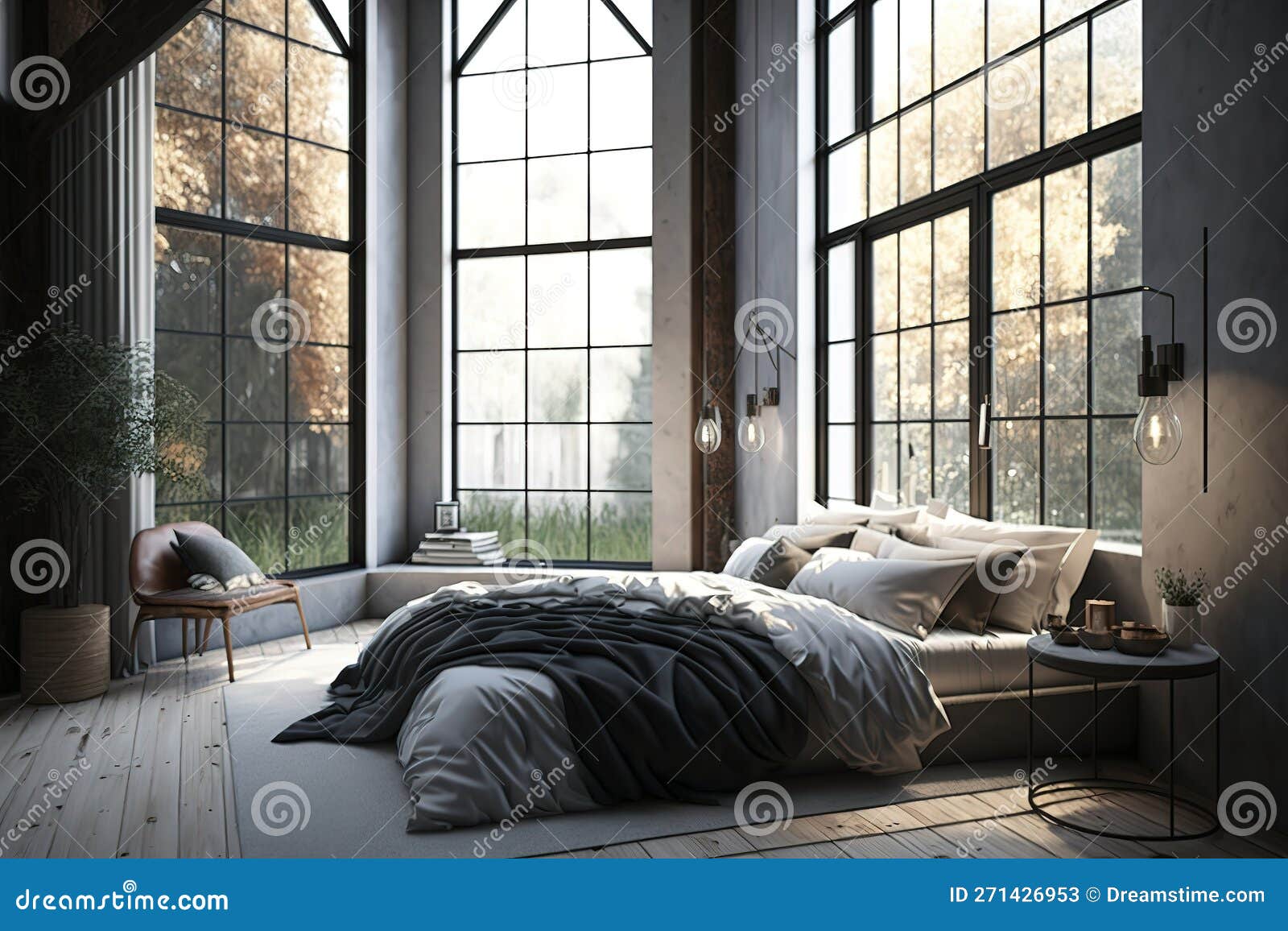 Illustration of Modern Bedroom with Big French Windows Stock ...