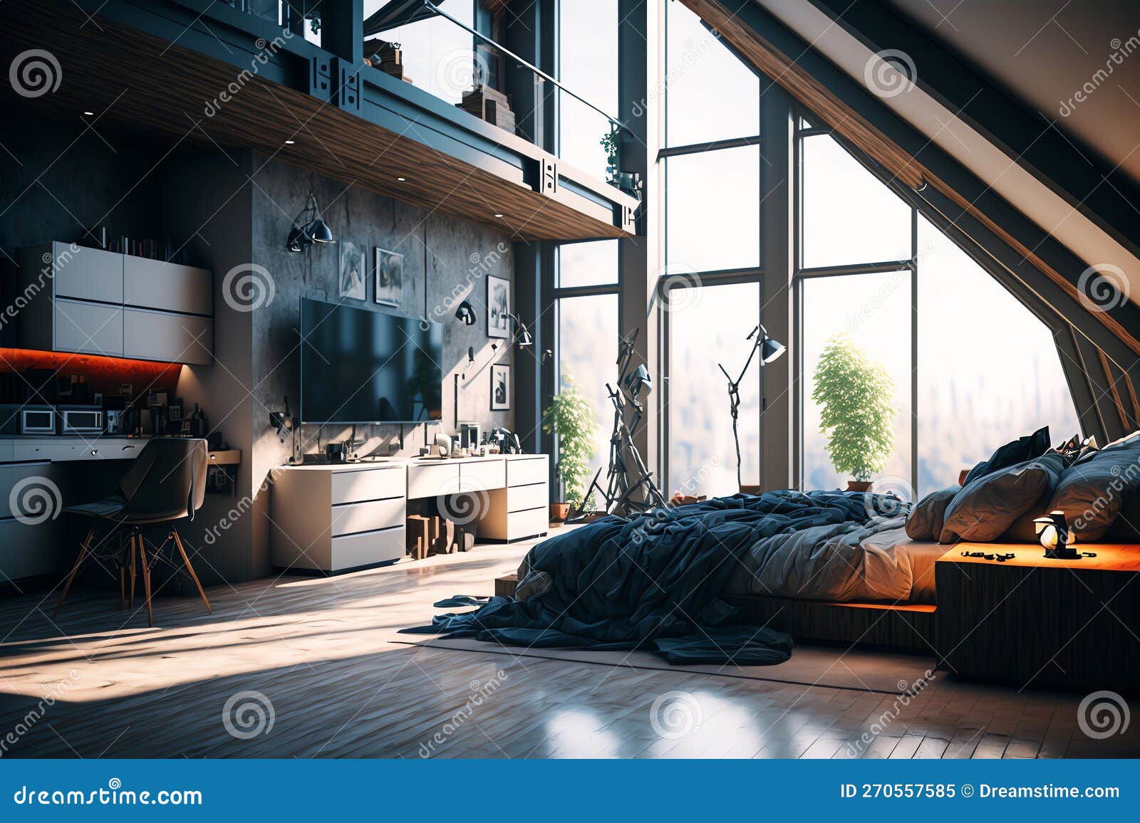 Illustration of Modern Bedroom with Office Desk and Big Windows,created ...