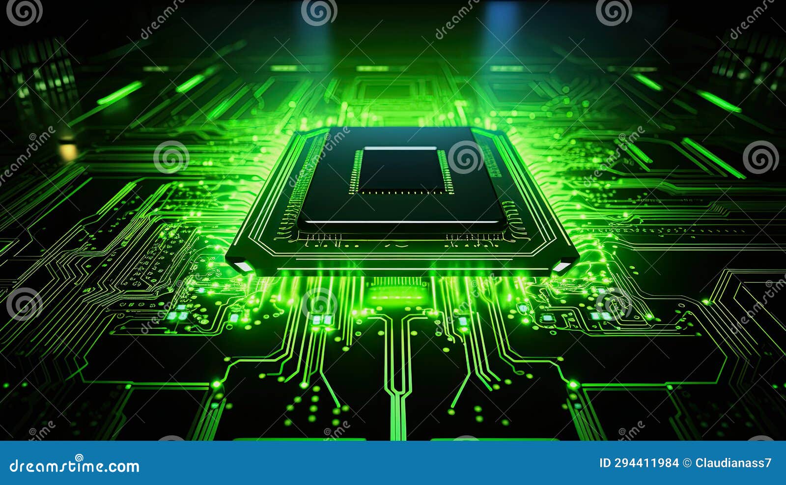 Illustration of a Modern Computer Chip in Green Neon Color Stock Photo ...