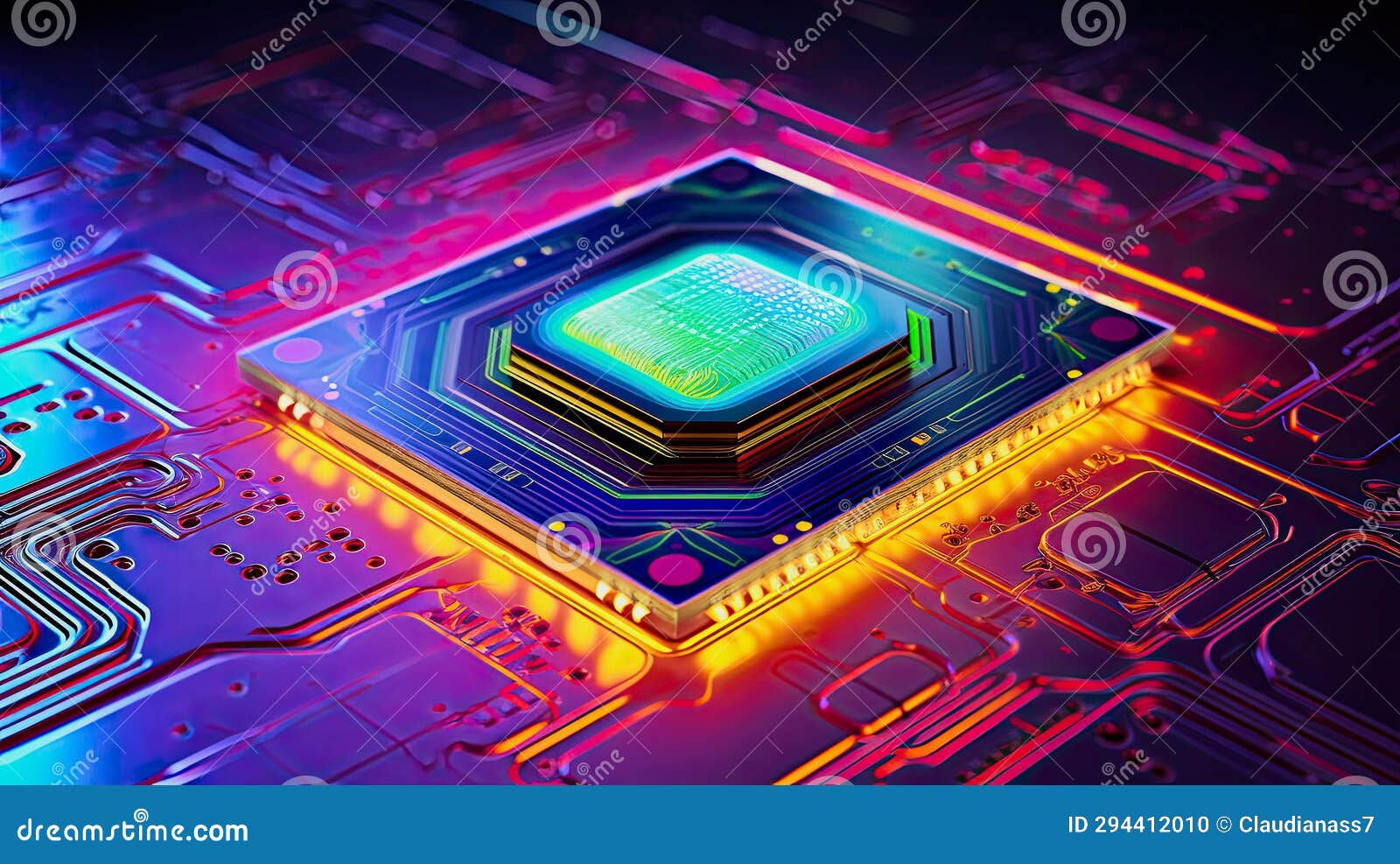 Illustration of a Modern Computer Chip in Pink and Blue Neon Color ...