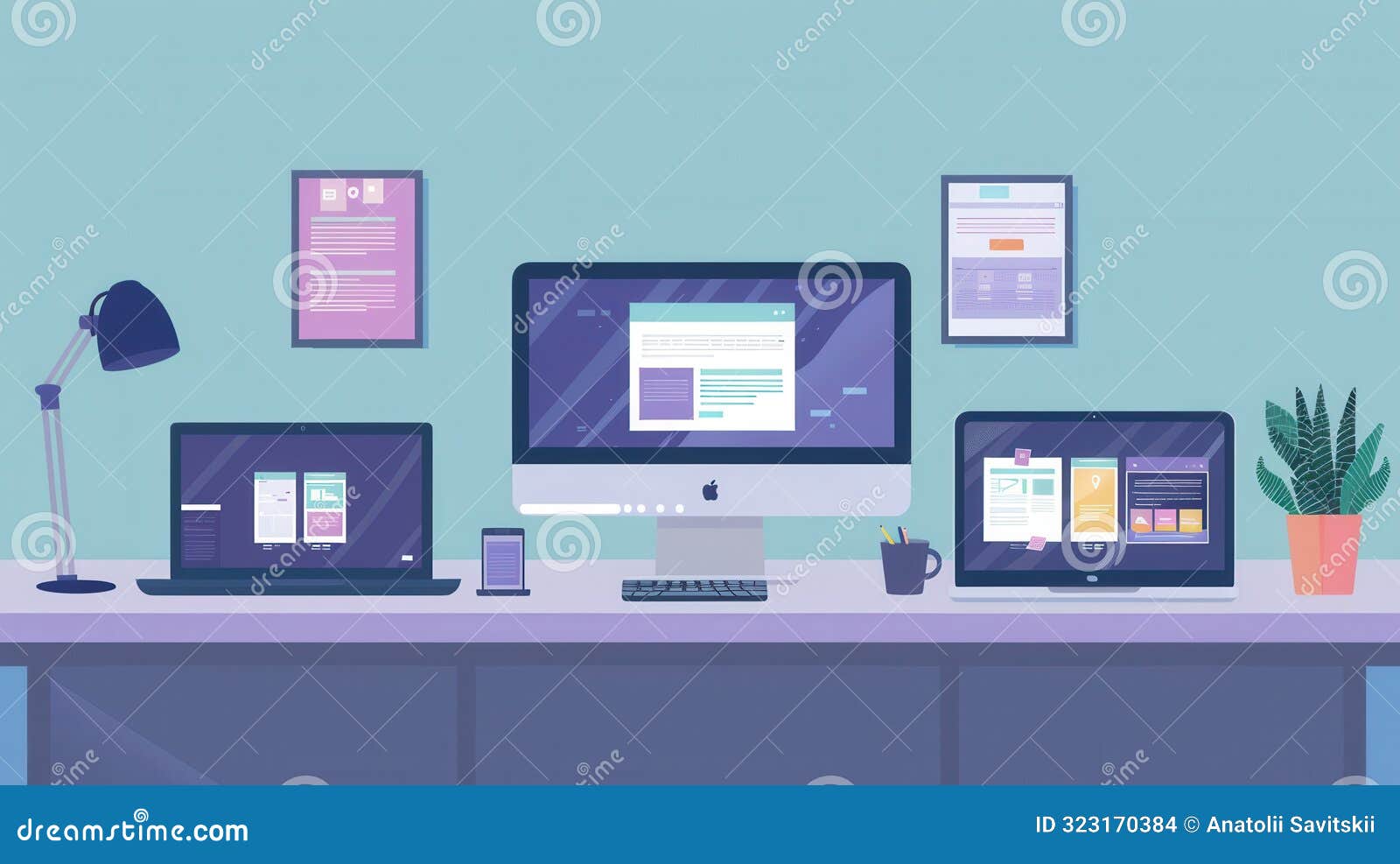 An Illustration of a Modern Desk with Multiple Laptops, Tablets, and a ...