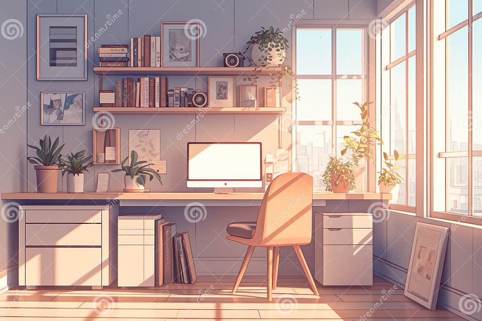 Illustration of a Modern Home Office with a Window View Stock ...