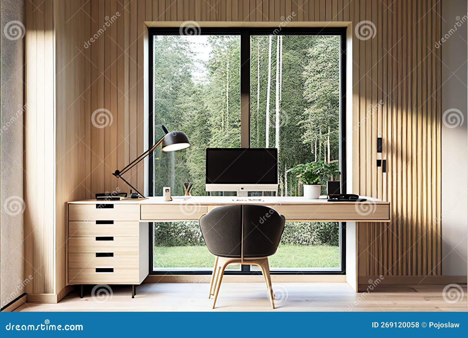 Illustration of Modern Light Workroom with Wooden Paneling,created with ...