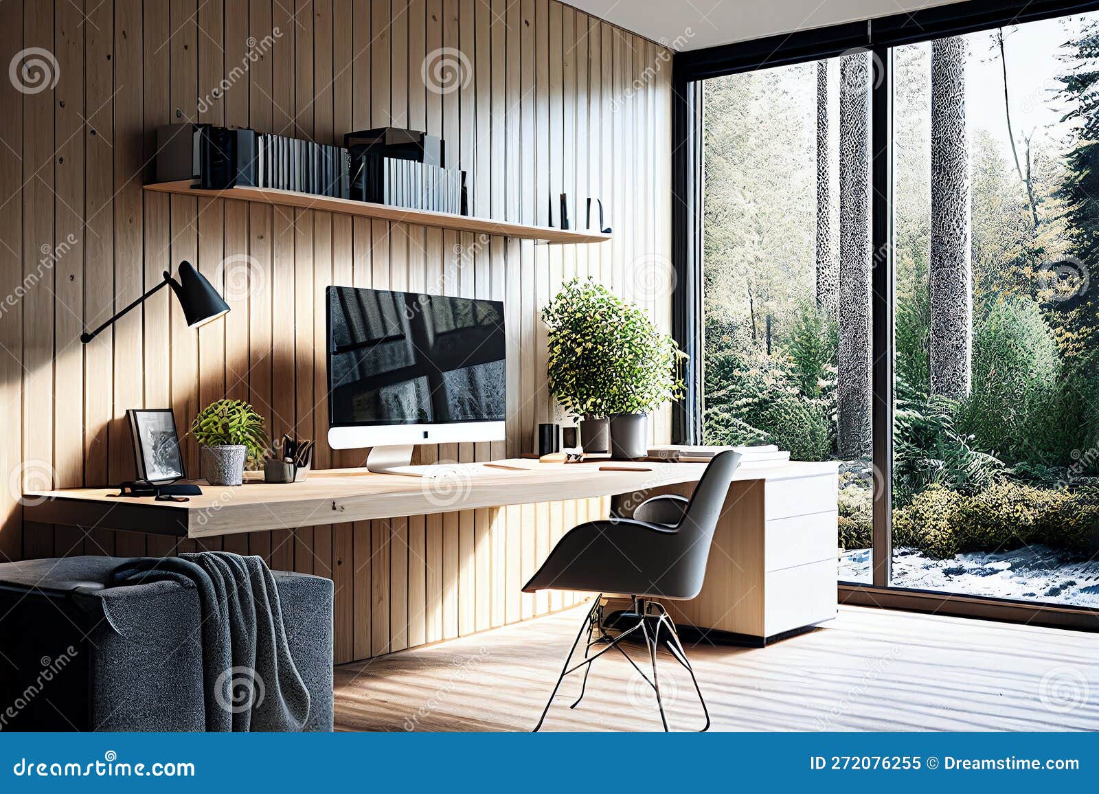Illustration of Modern Light Workroom with Wooden Paneling,created with ...