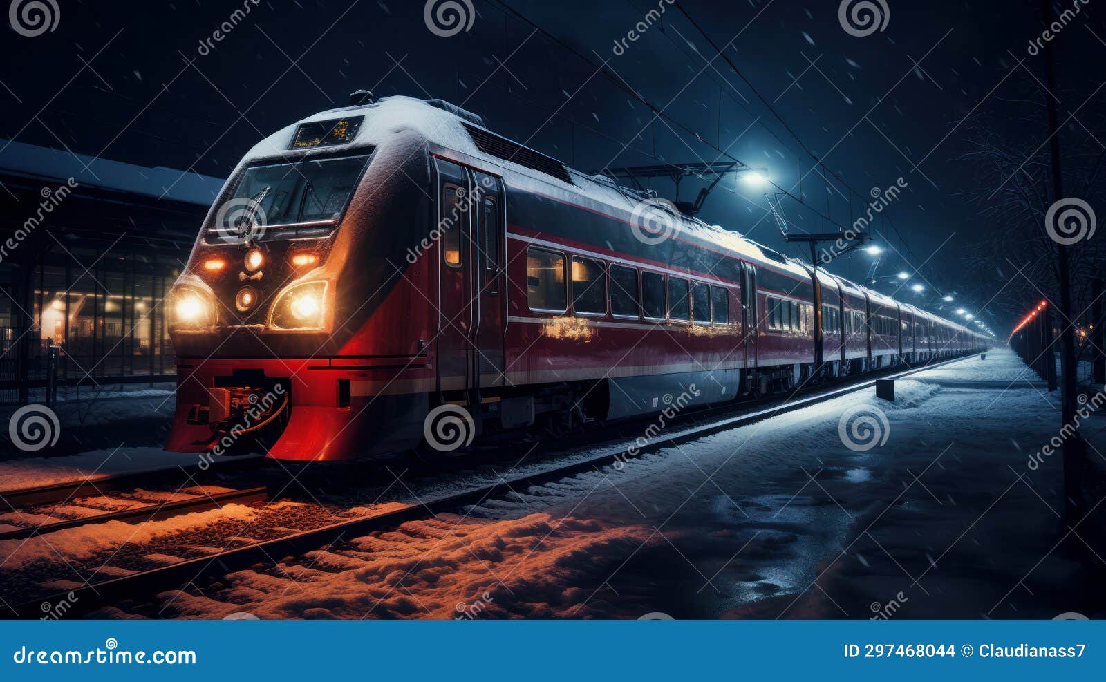 Illustration of a Modern Train in a Snowy Night in a Station Stock ...
