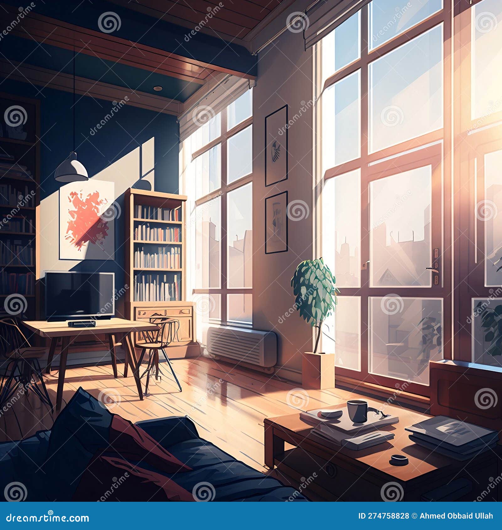 Illustration of a Modern, Well-lit Apartment with Large Windows ...
