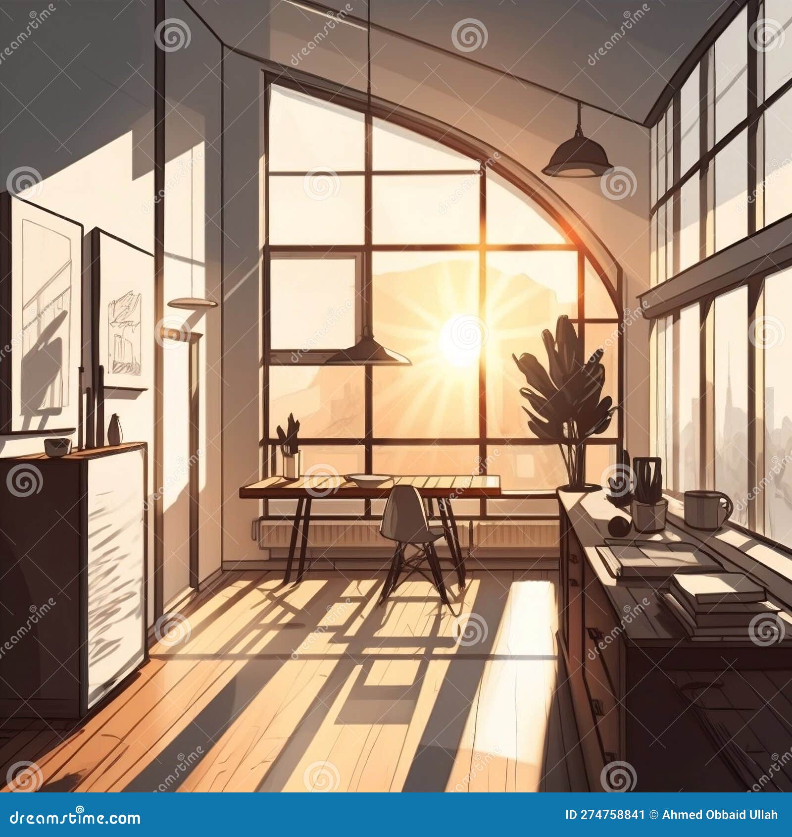 Illustration of a Modern, Well-lit Apartment with Large Windows ...