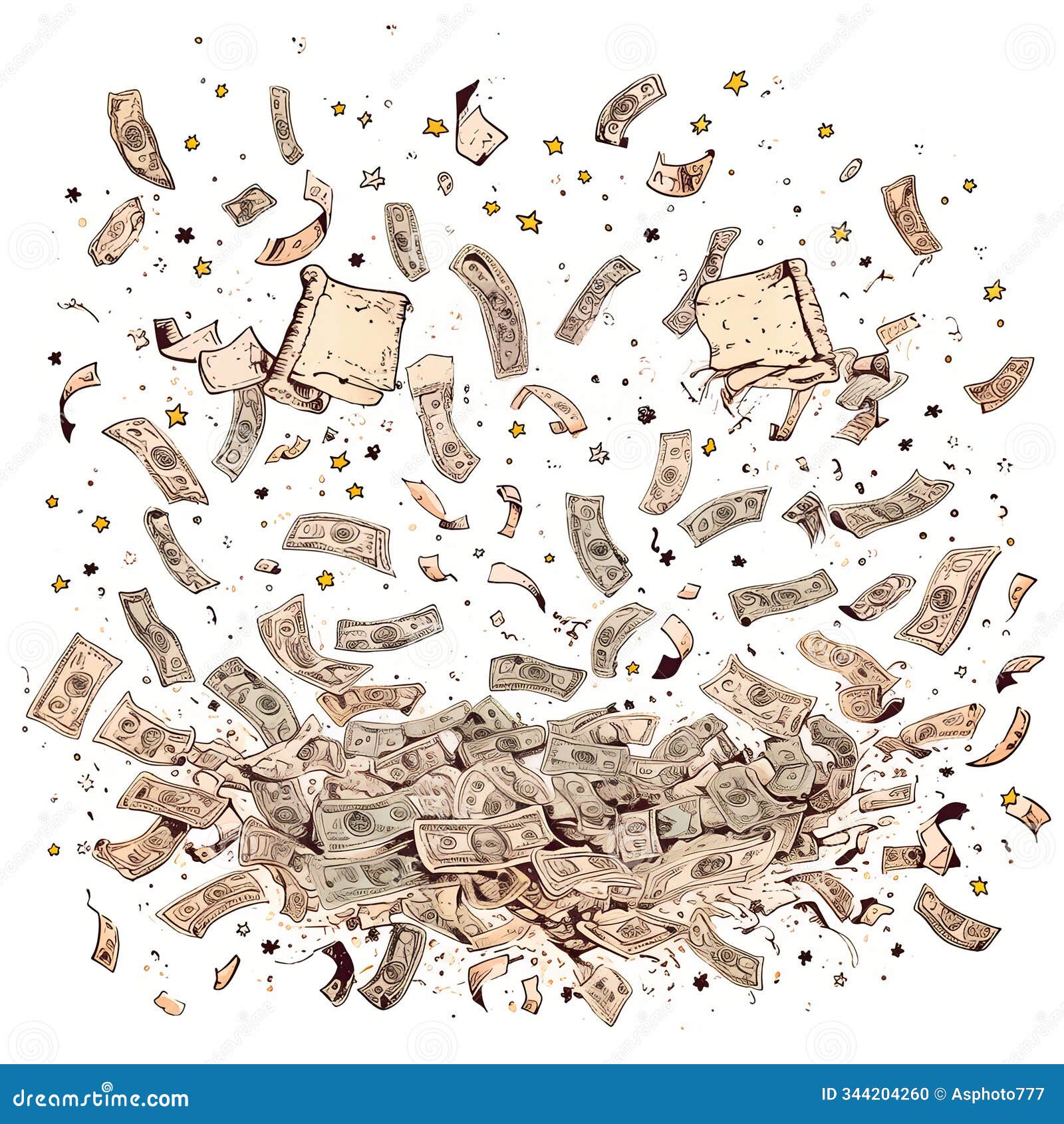 Illustration of Money Raining Down with Flying Bills and Notes Stock ...