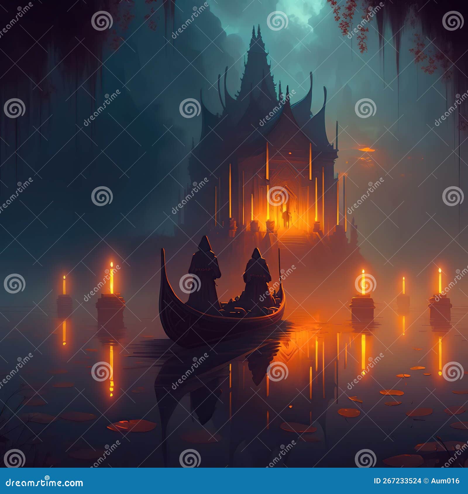 Monks Perform a Rite on the River Stock Illustration - Illustration of ...