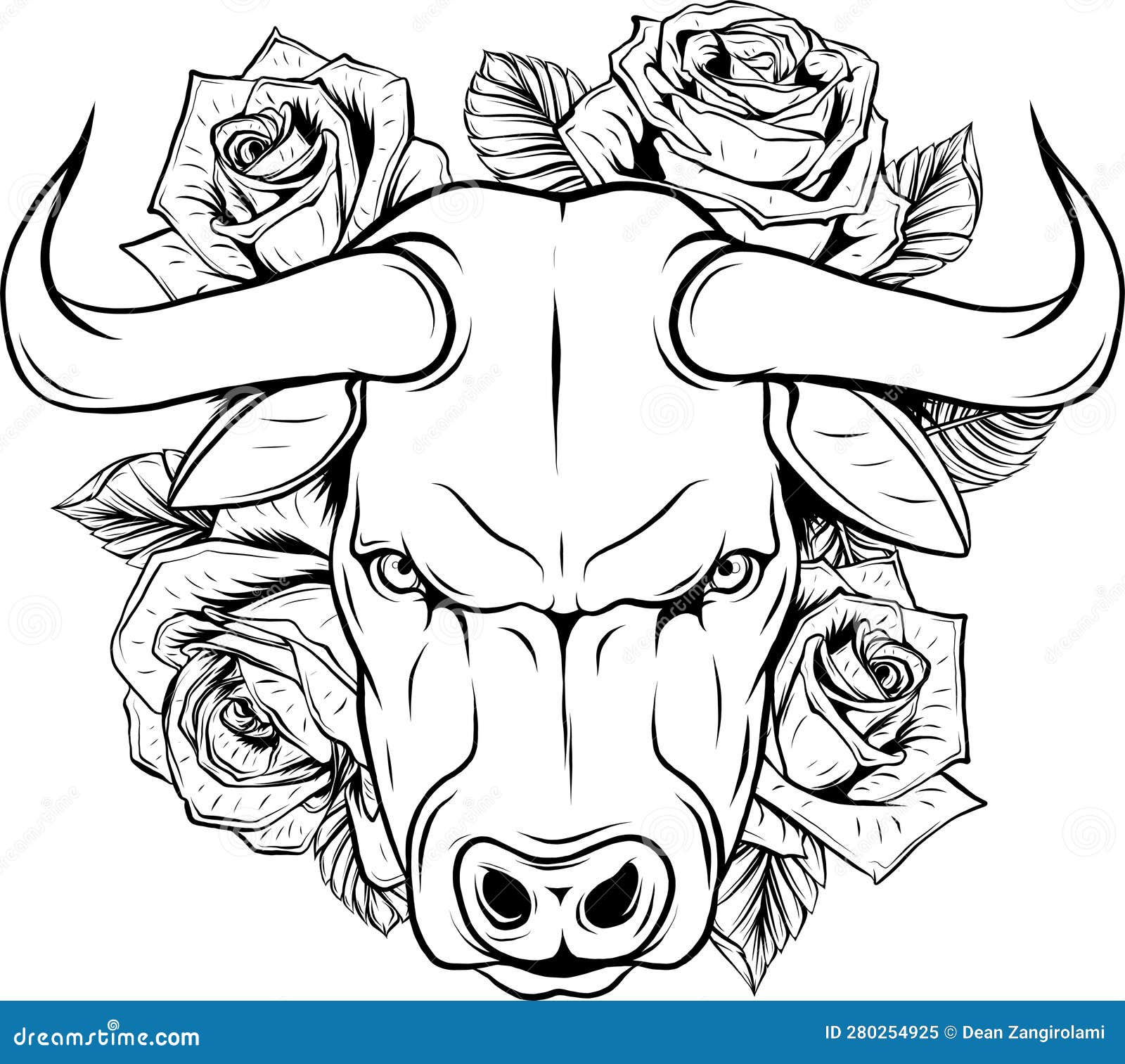 Vector Illustration of Monochrome Bull with Rose Stock Vector ...