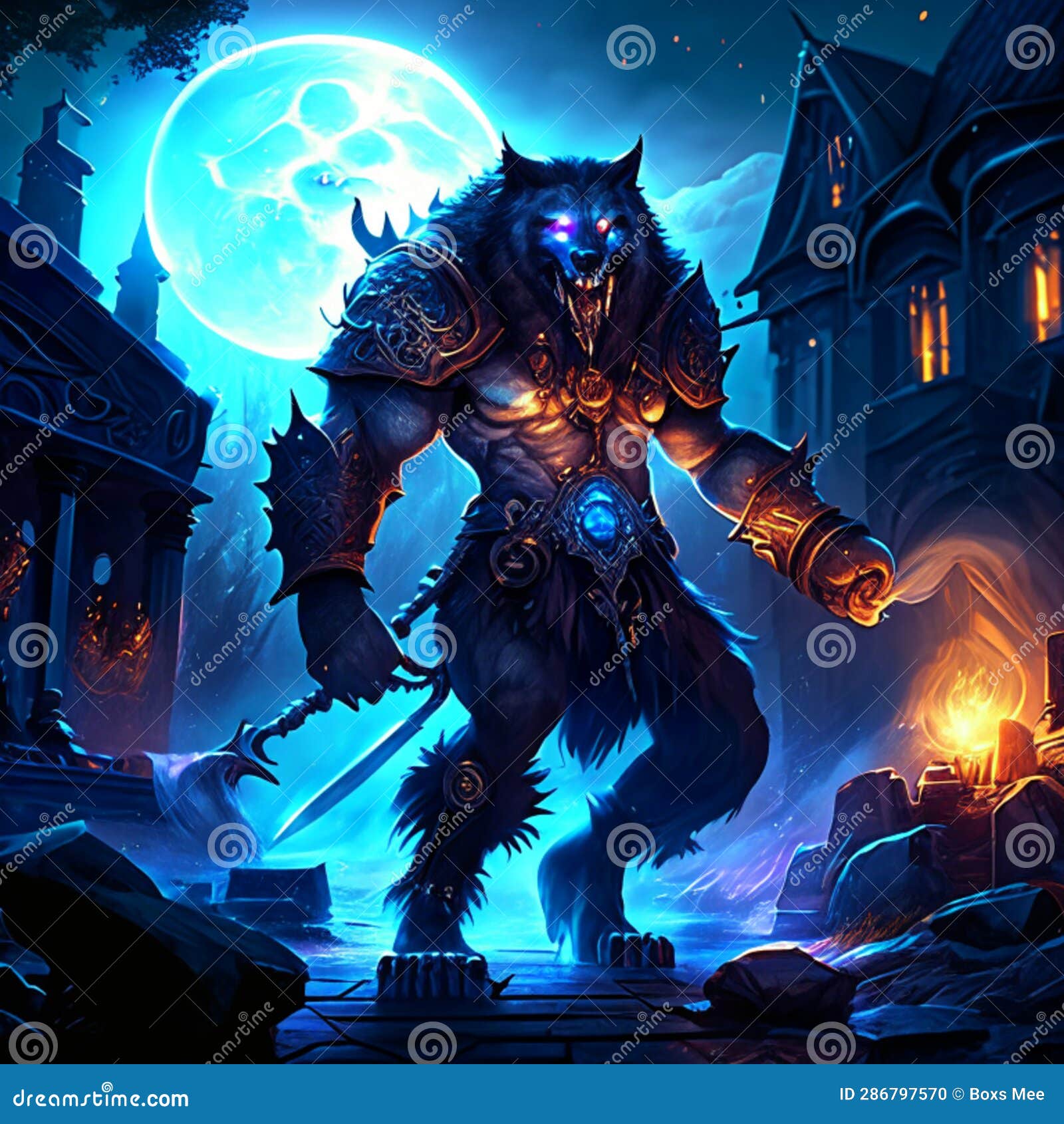 Illustration of a Monster in Front of a Castle with Full Moon ...