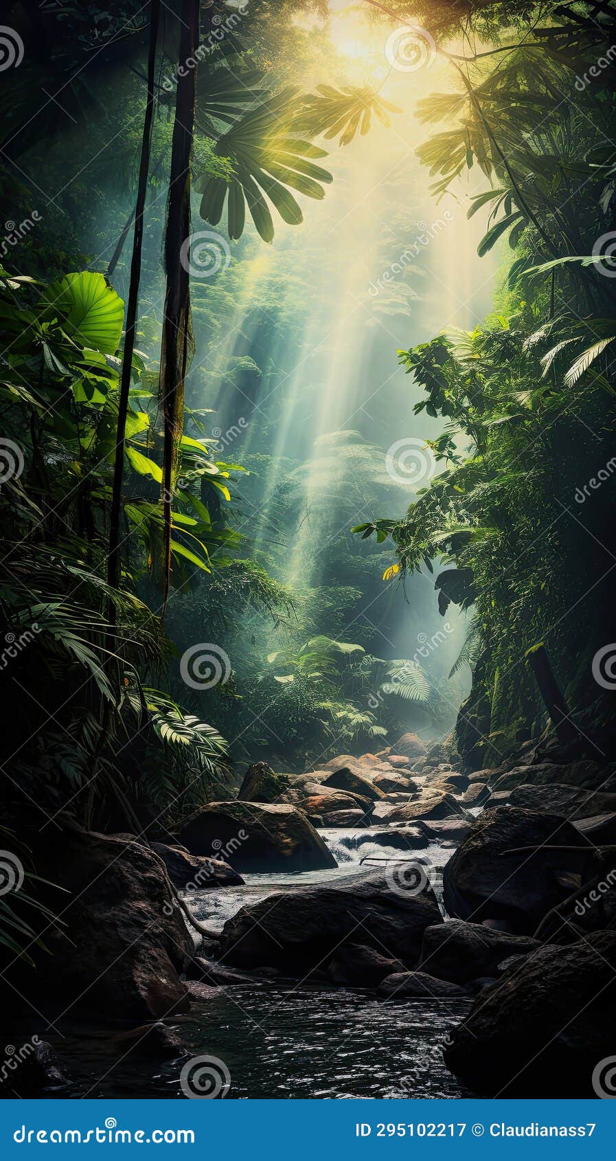 Illustration of a Moody Jungle Scenery with Sun Rays Stock Image ...
