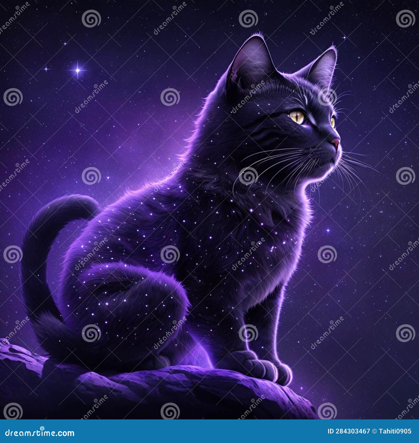Moon Cat at Starry Night Looking Ahead Stock Illustration ...
