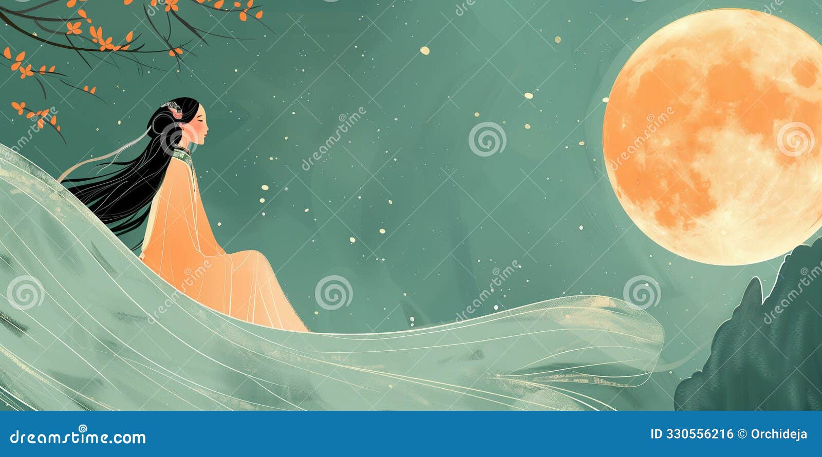 Illustration of Moon Goddess Chang E with a Large Full Moon in the ...
