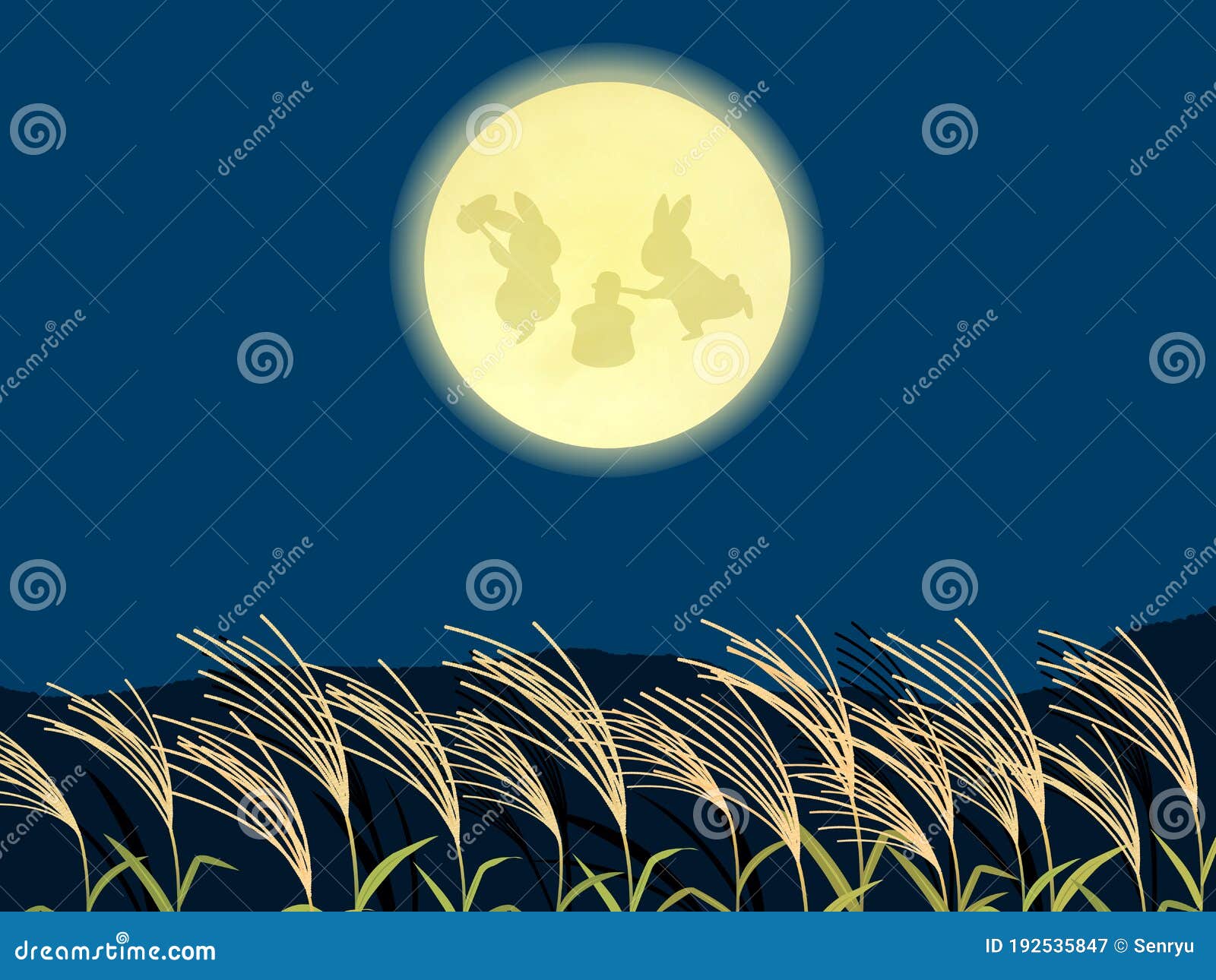 Moon Viewing Event Illustration. Full Moon And Rabbit, Silver Grass Or ...