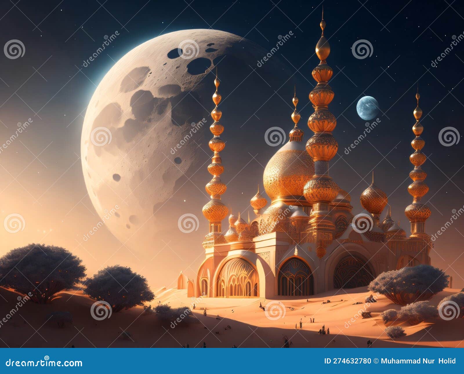Illustration of Mosque with Sky and Moon Stock Illustration ...