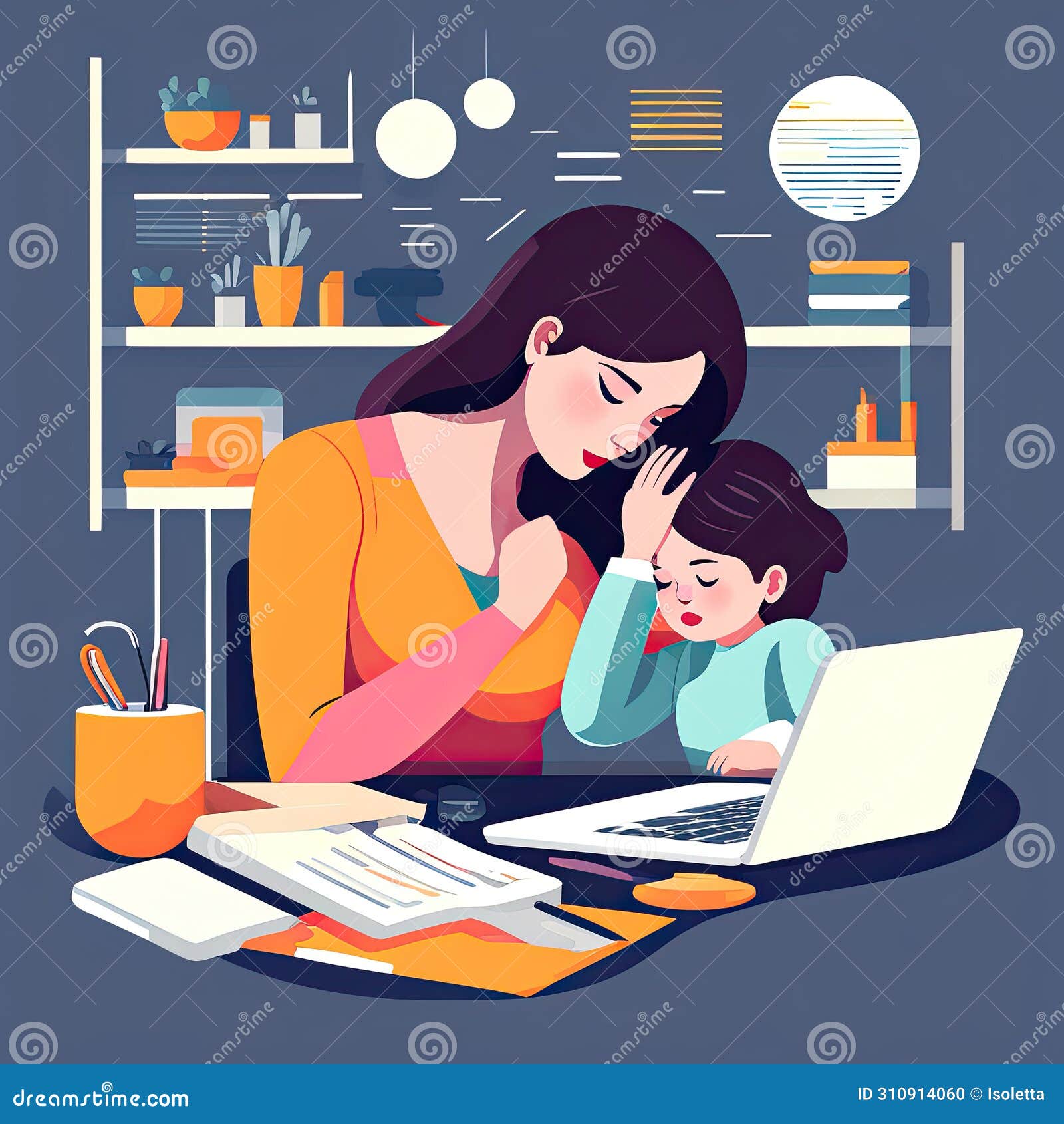 Illustration of the Mother Working at Home Stock Photo - Image of ...
