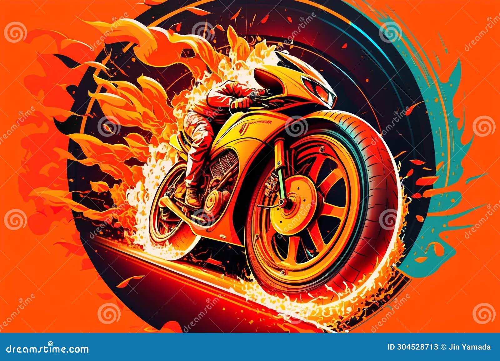 Illustration of Motorcycle in Fire Flames on Orange Background with ...