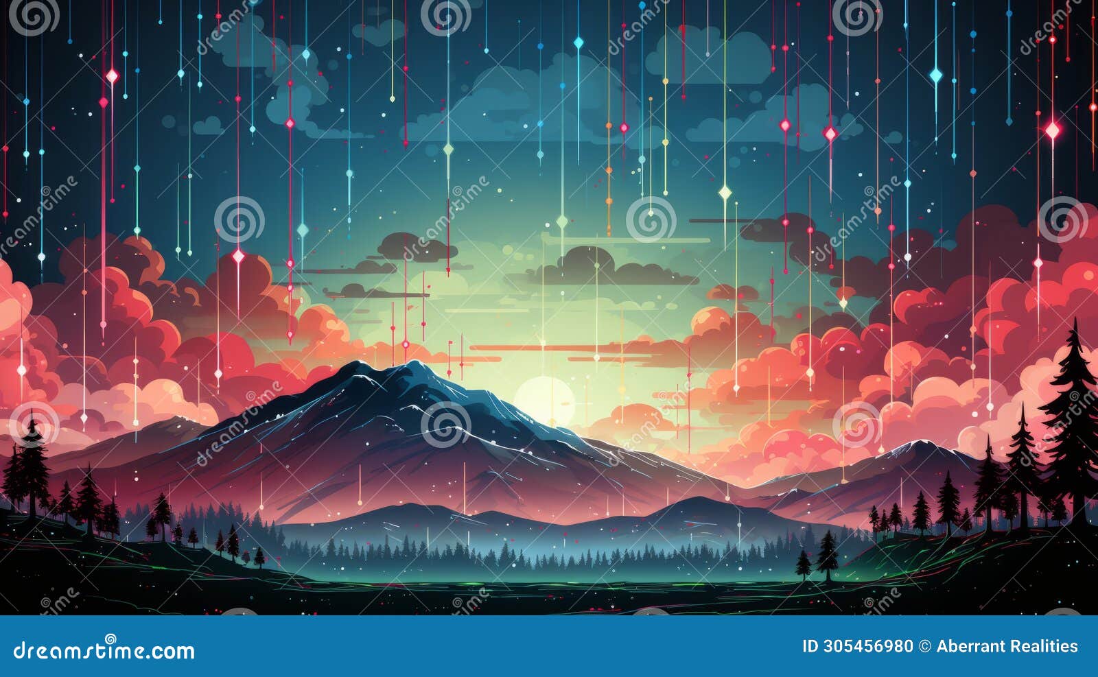 An Illustration of a Mountain Landscape at Night with Rain Falling from the Sky Stock ...