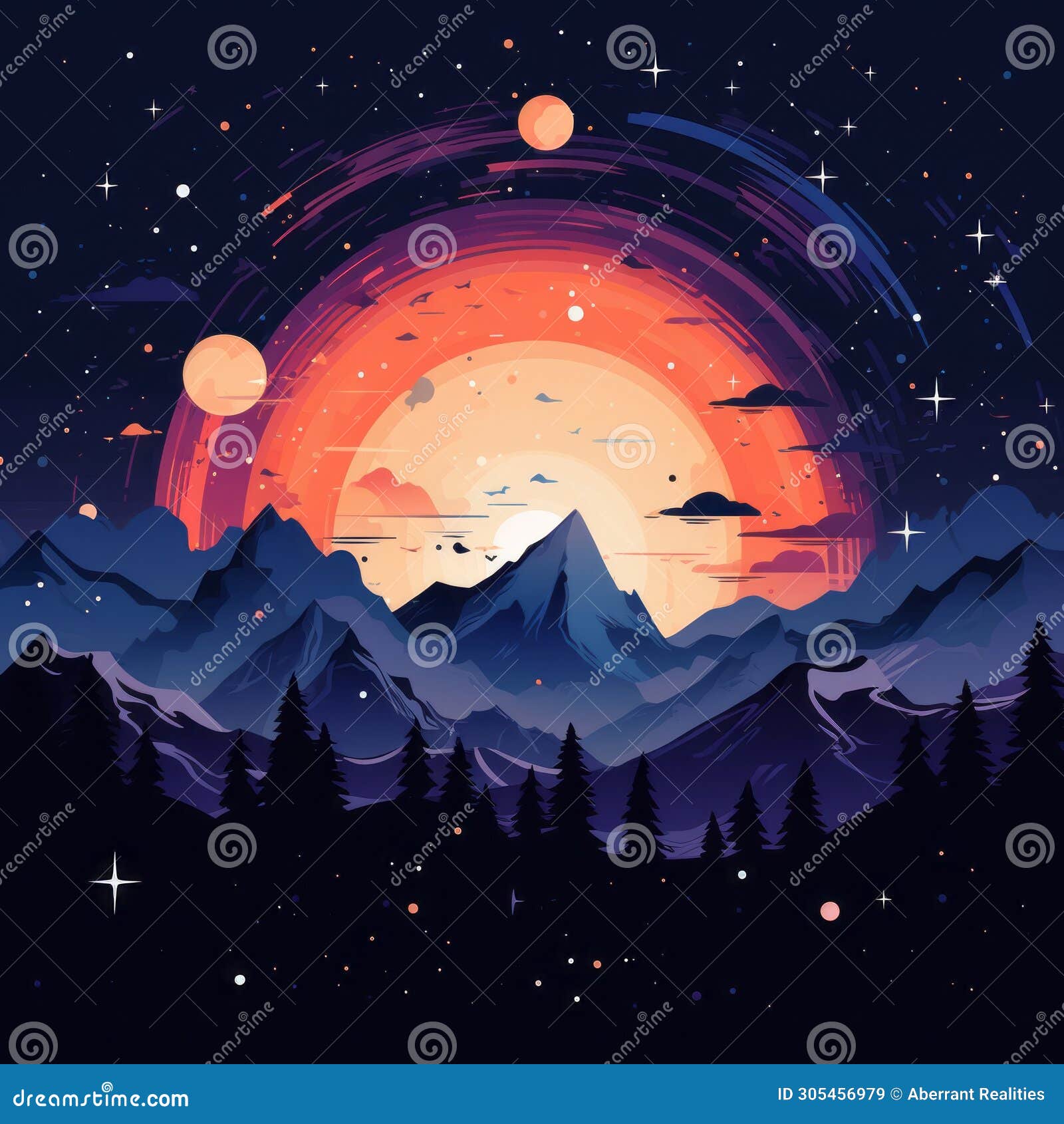 An Illustration of a Mountain Landscape at Night with Stars and Planets ...
