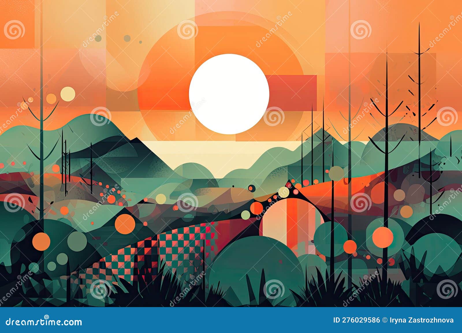 Illustration of a Mountain Landscape with Sunset, Geometric Abstraction ...