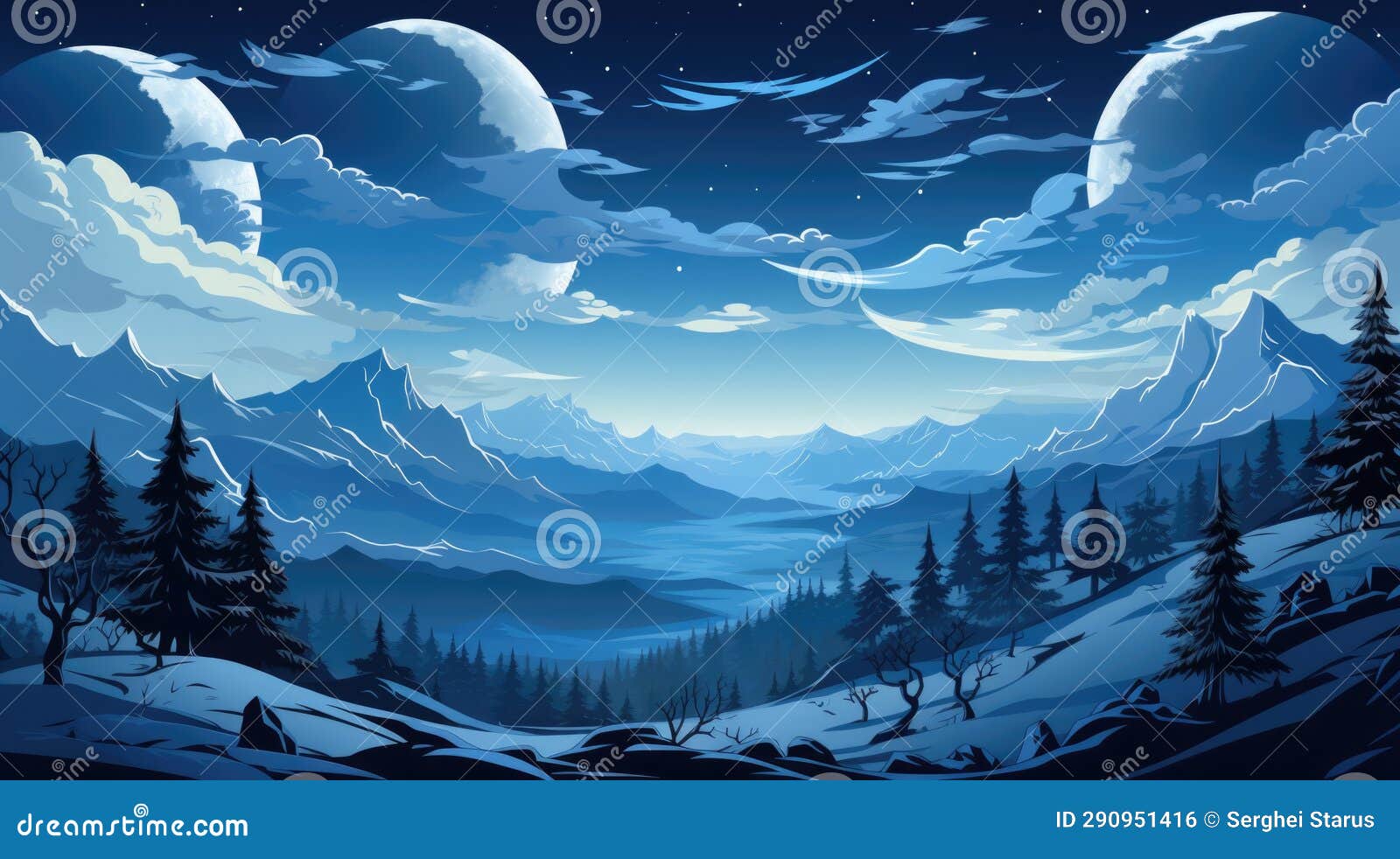 An Illustration of a Mountain Landscape with Two Moons, AI Stock ...