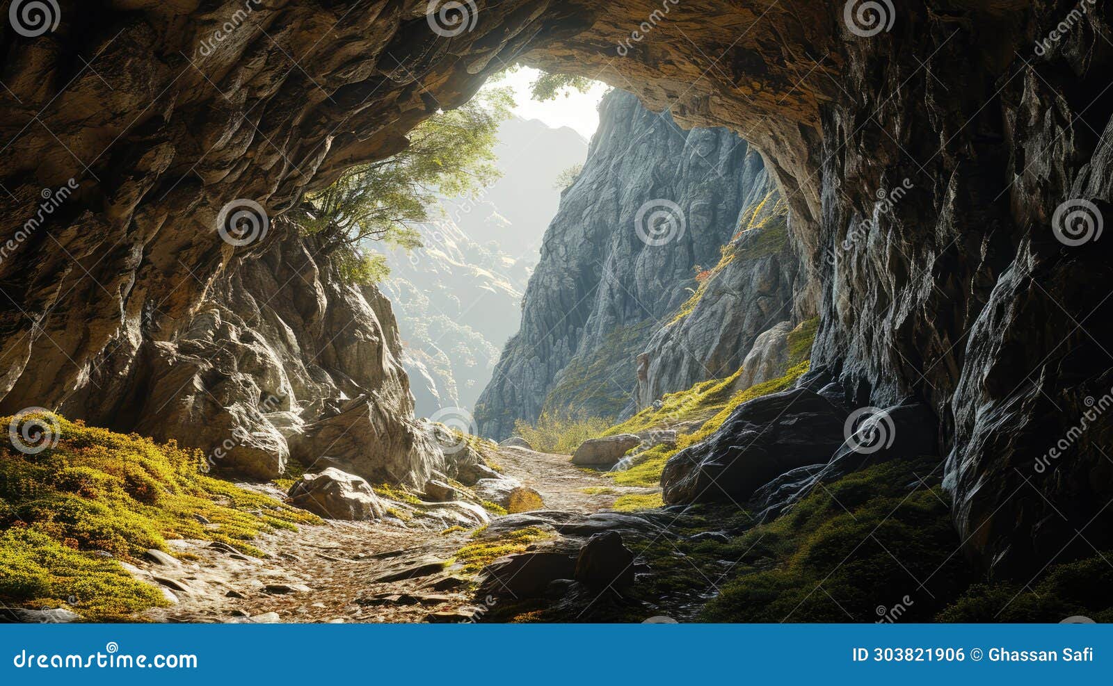 Looking through a Cave Towards a Mountainous View Stock Illustration ...