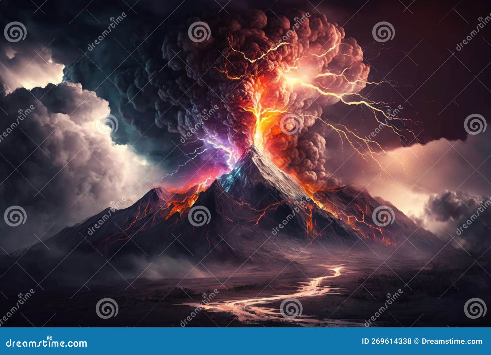 Illustration Mountain with Volcanic Eruption Clouds Storm Lightning AI ...