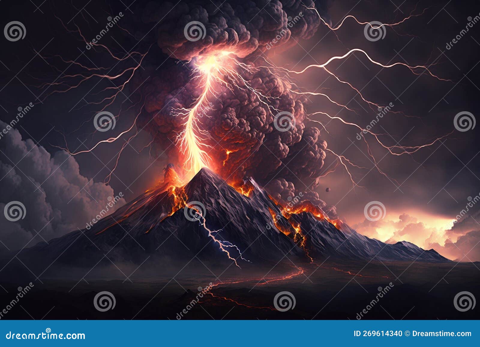 Illustration Mountain with Volcanic Eruption Clouds Storm Lightning AI ...