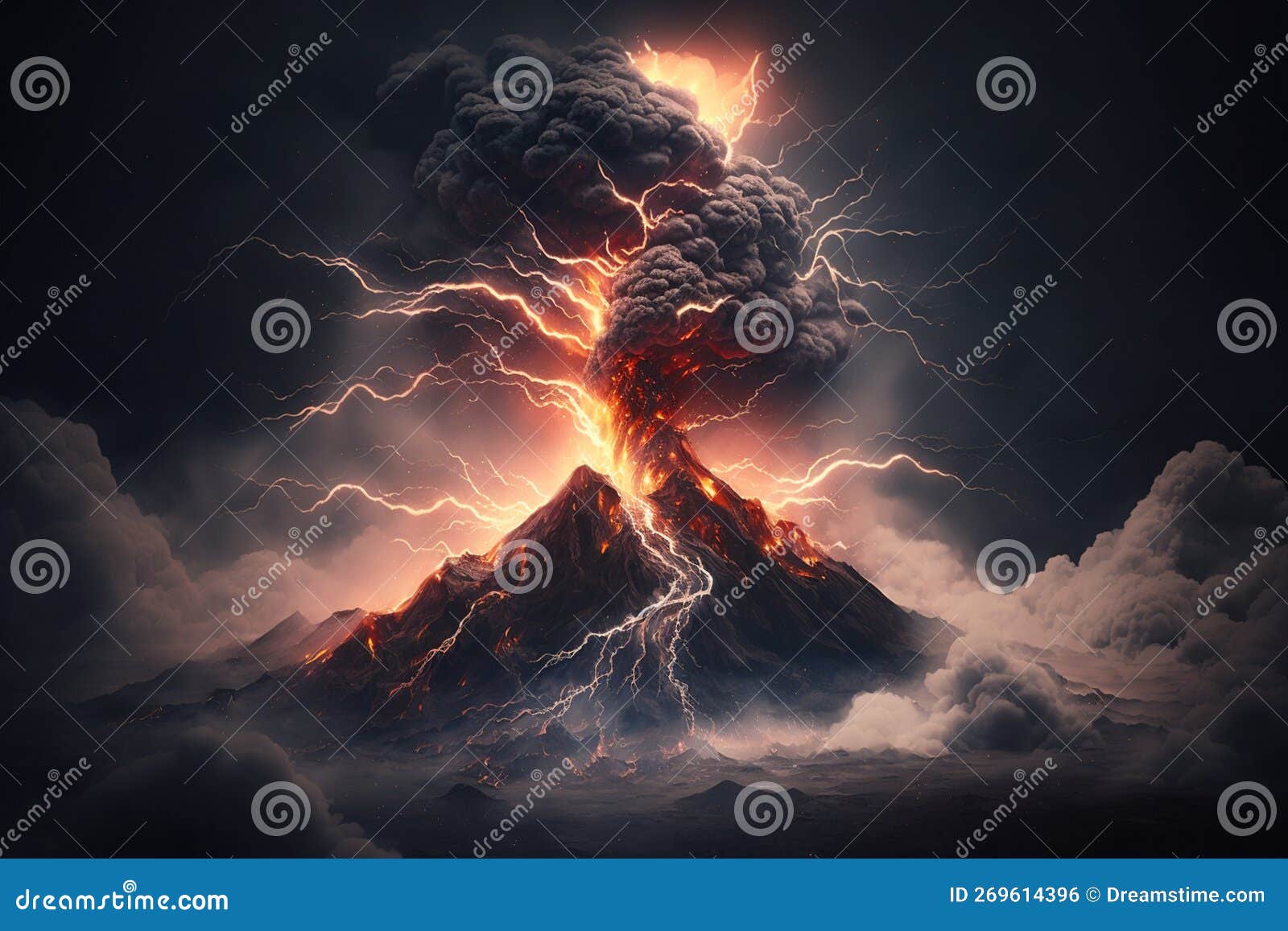 Illustration Mountain with Volcanic Eruption Clouds Storm Lightning AI ...