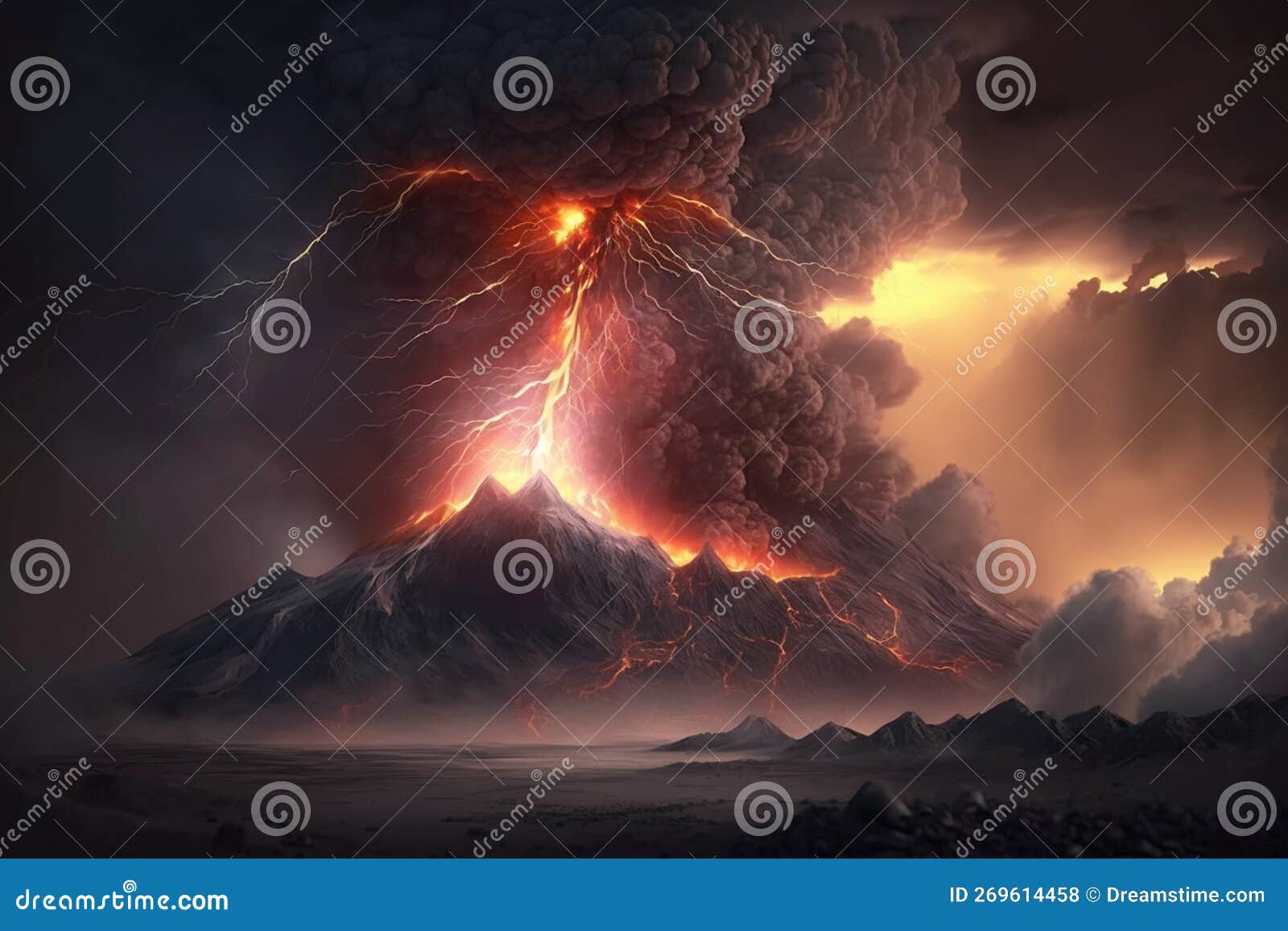 Illustration Mountain with Volcanic Eruption Clouds Storm Lightning AI ...