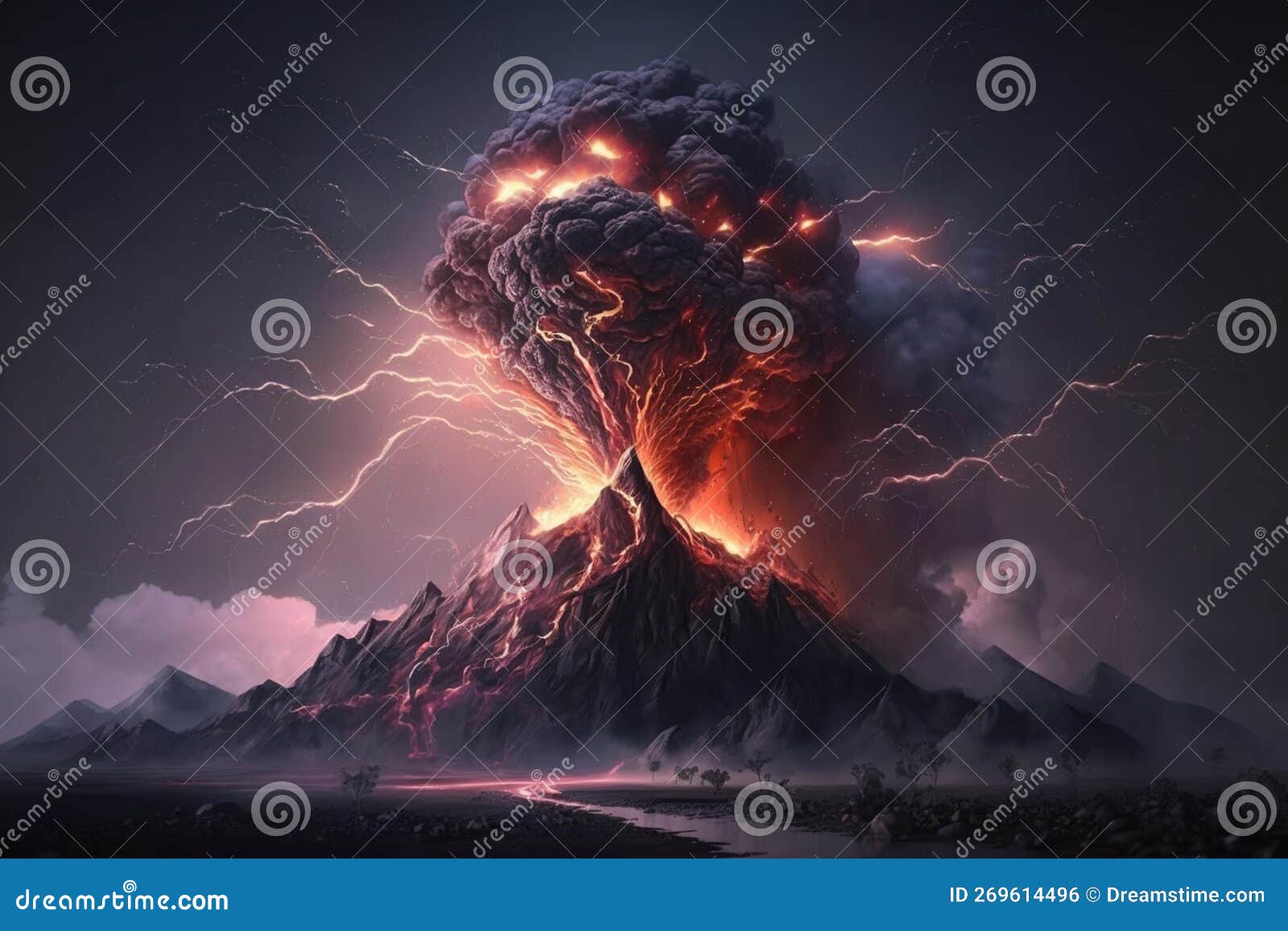 Illustration Mountain with Volcanic Eruption Clouds Storm Lightning AI ...
