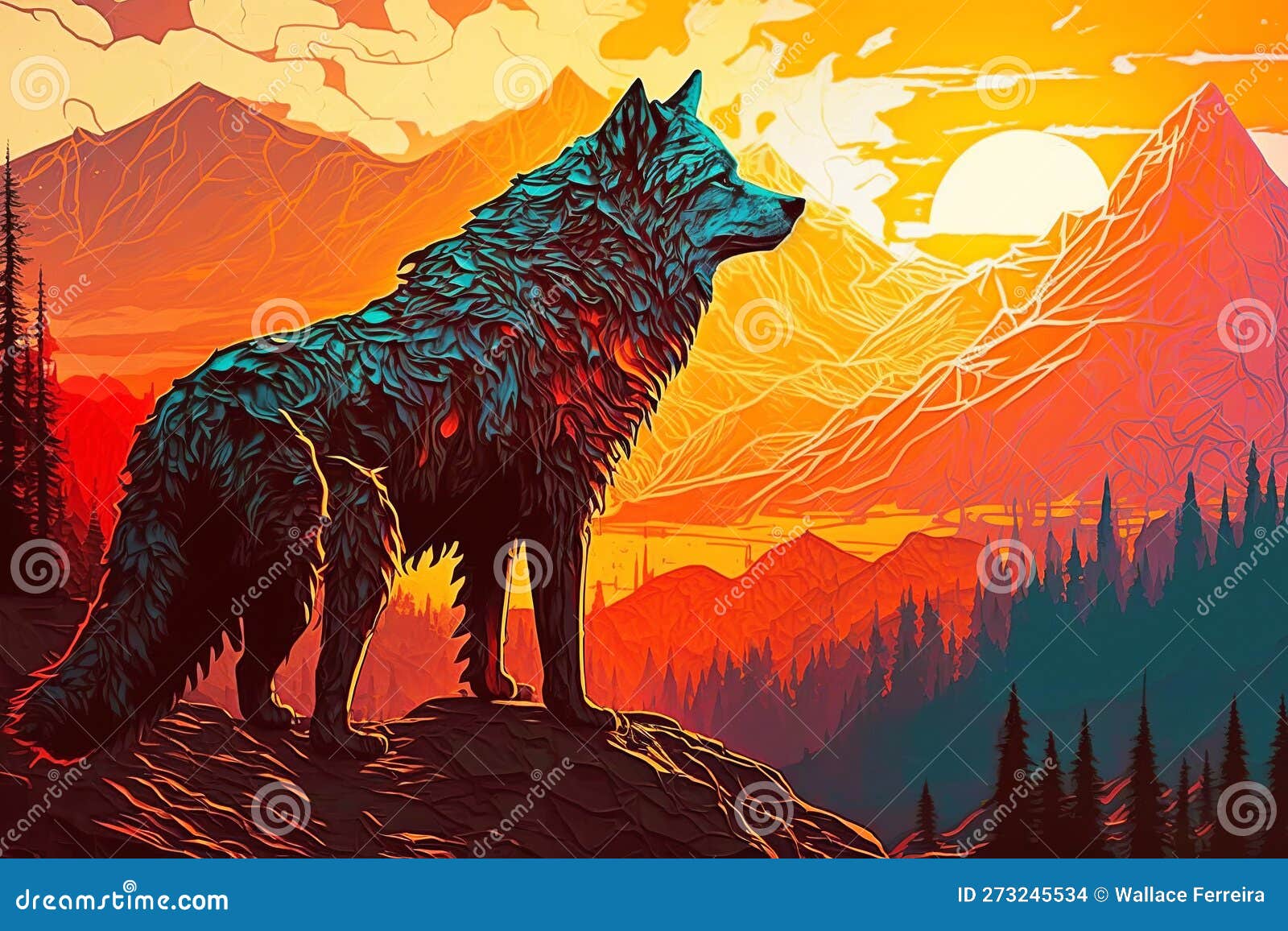 Illustration of a Mountain Wolf at Sunset. Generative AI. Stock ...