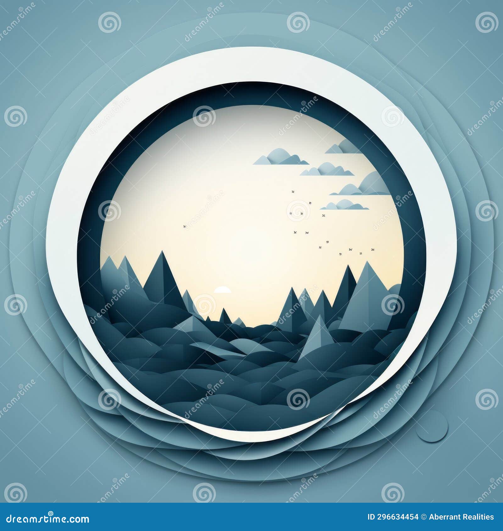 An Illustration of Mountains and Clouds in a Circular Frame Stock ...