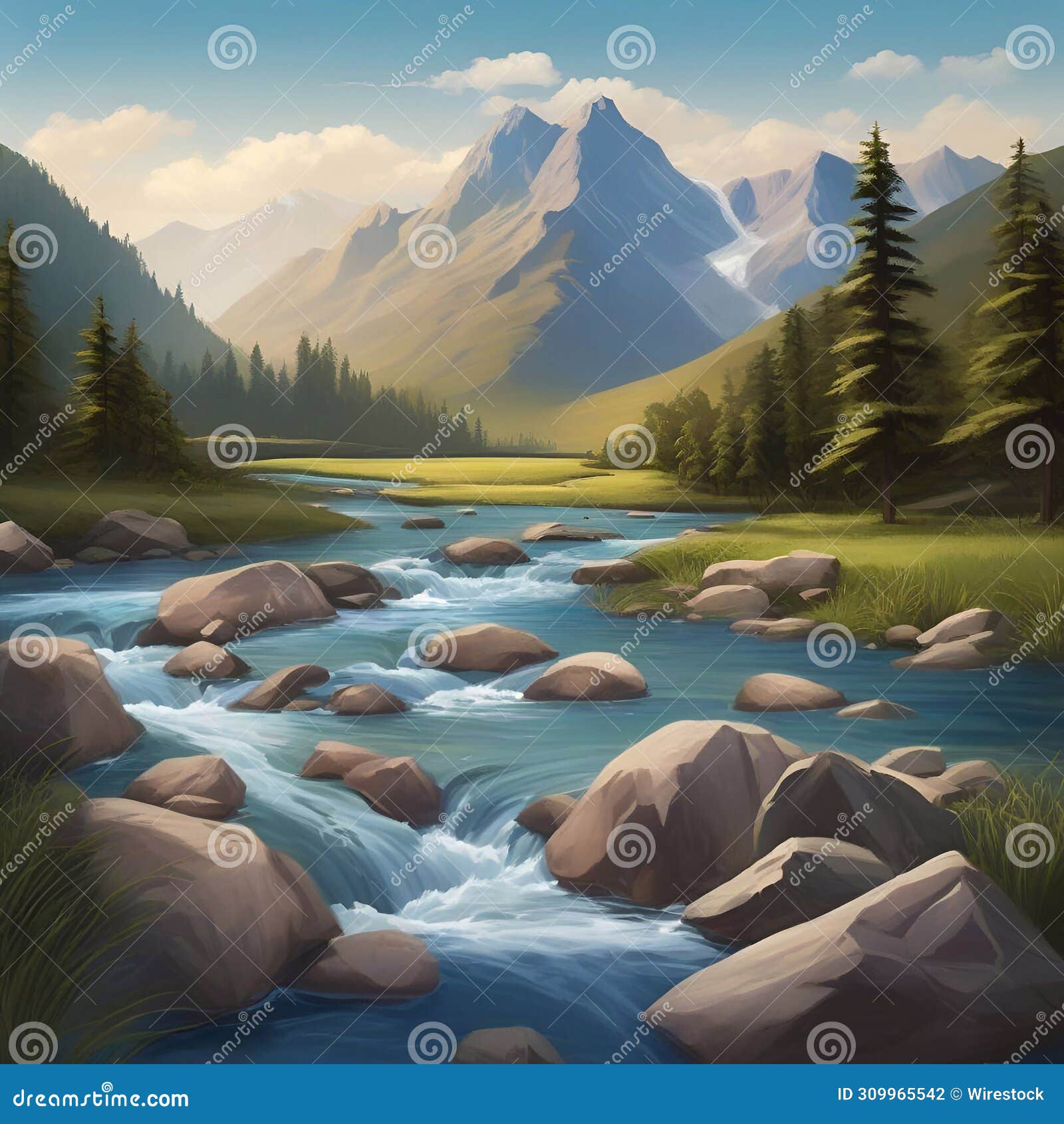 An Illustration of Mountains and a Stream Going through it that is ...