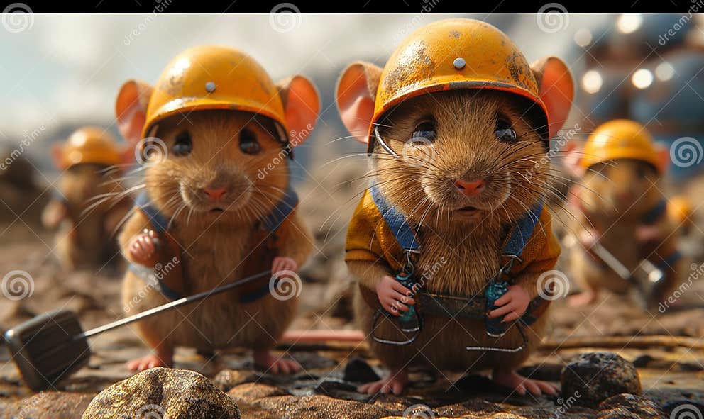 Illustration of Mouse Workers in Hard Hats at the Facility. Stock ...