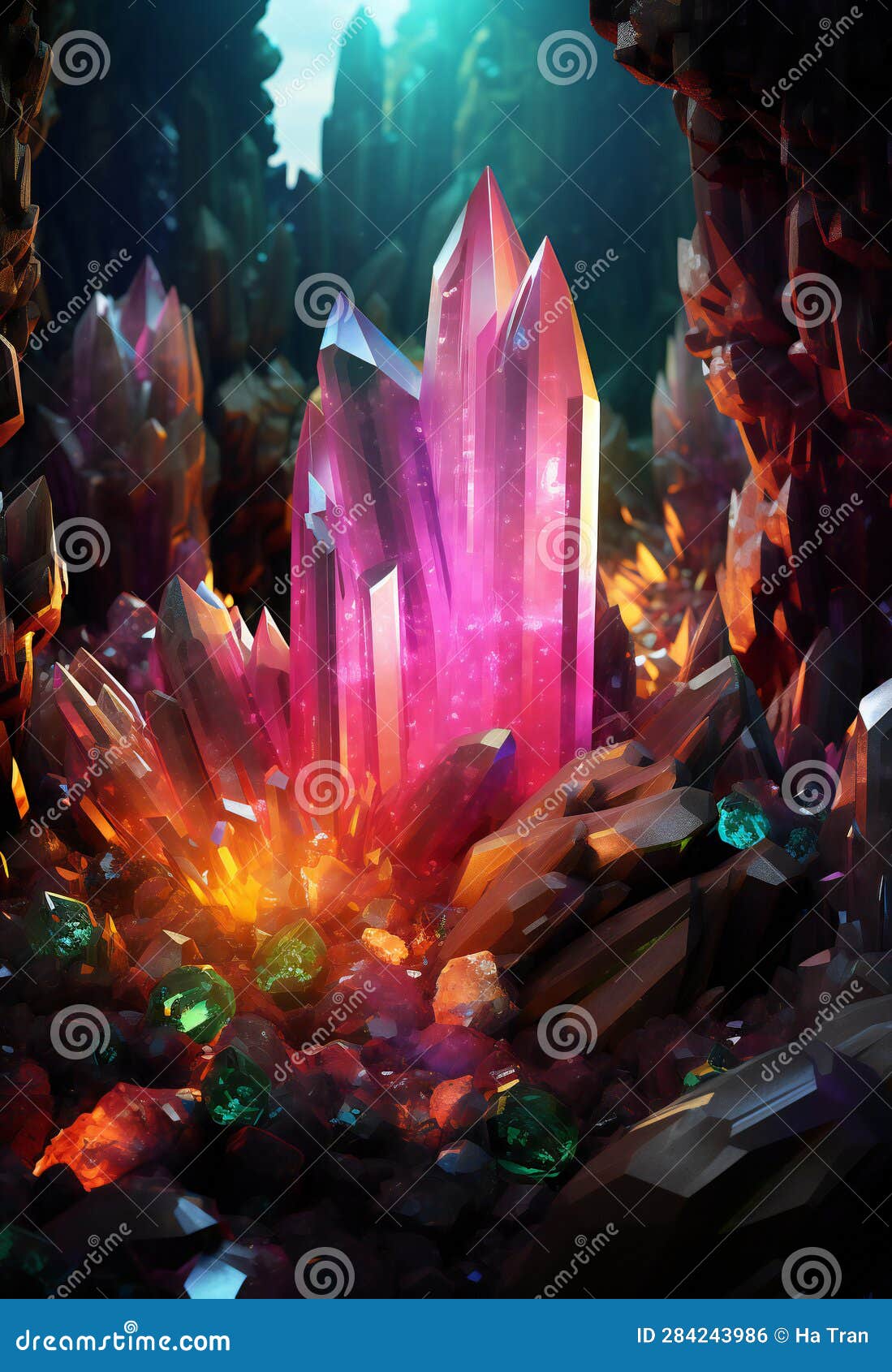 Illustration of Multicolored Crystals on Dark Background with Lights ...