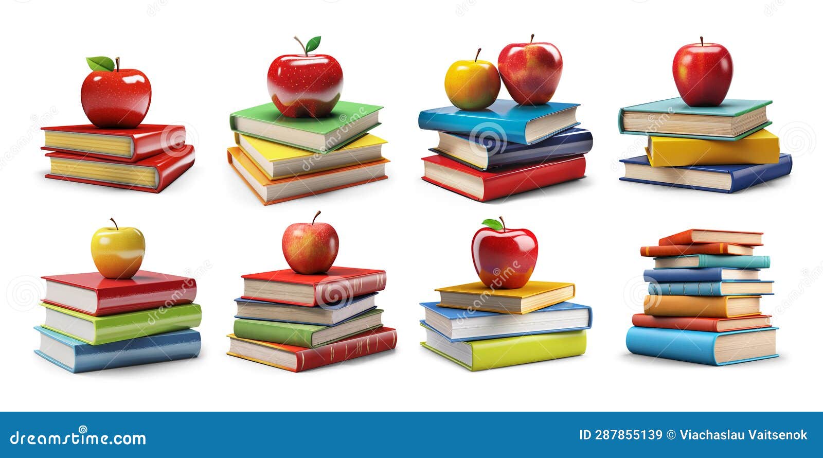 Illustration of a Multicolored Stack of Books with Apple Set Stock ...