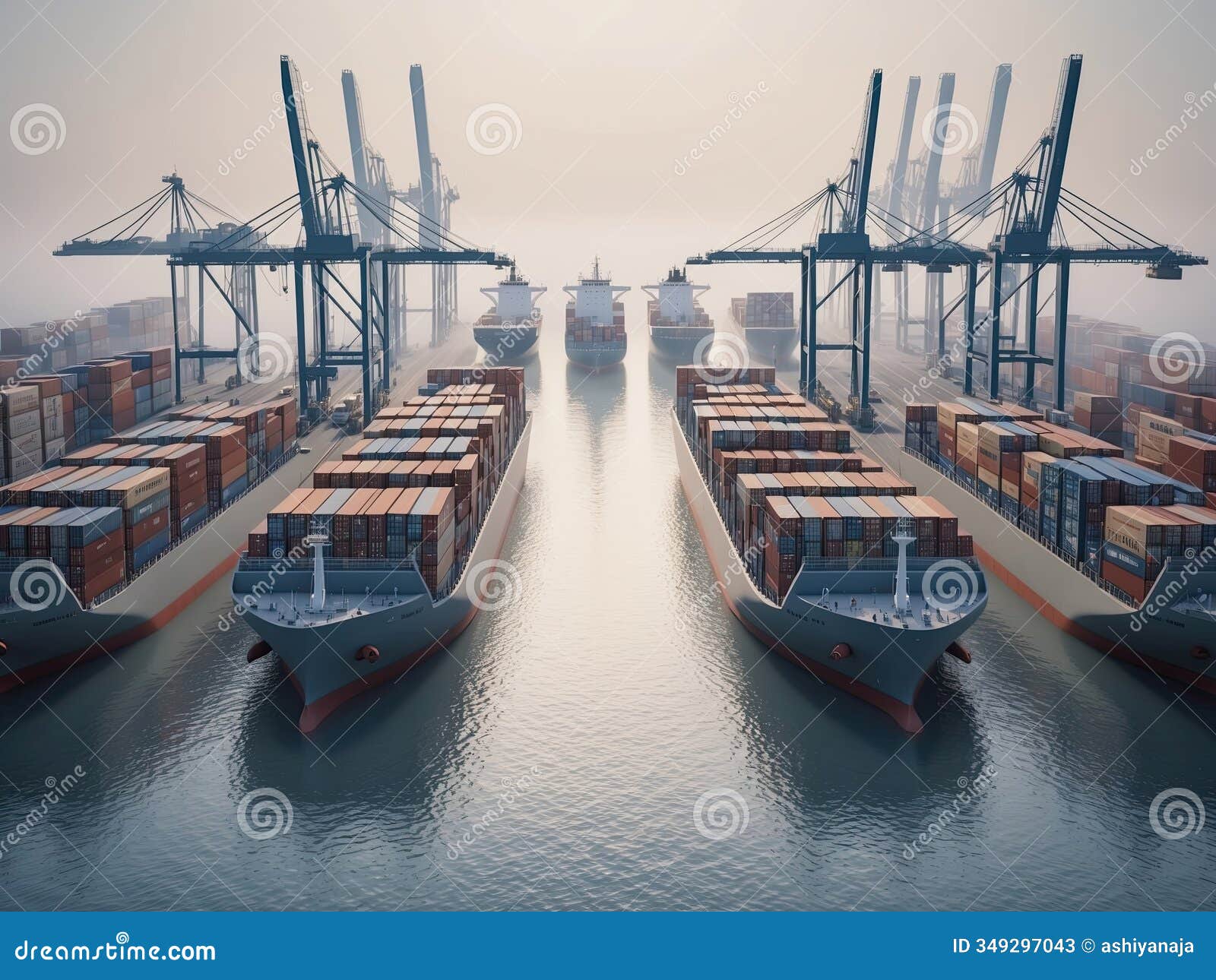 Illustration of Multiple Cargo Ship Loaded in a Port with an Ocean View ...