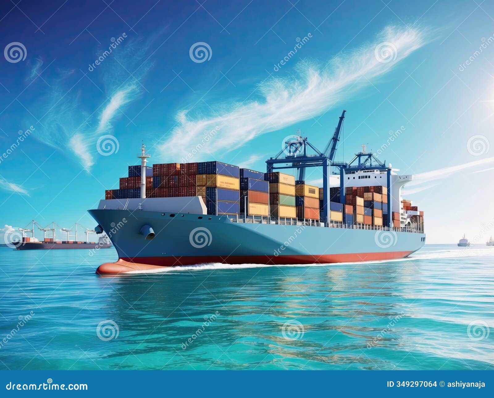 Illustration of Multiple Cargo Ship Loaded in a Port with an Ocean View ...