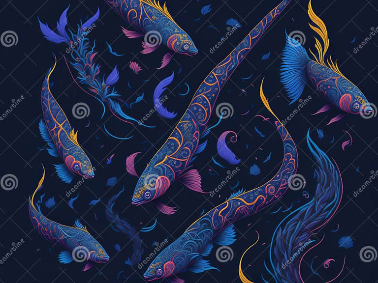 Illustration, a Multitude of Blue Fish Gracefully Navigate through a ...