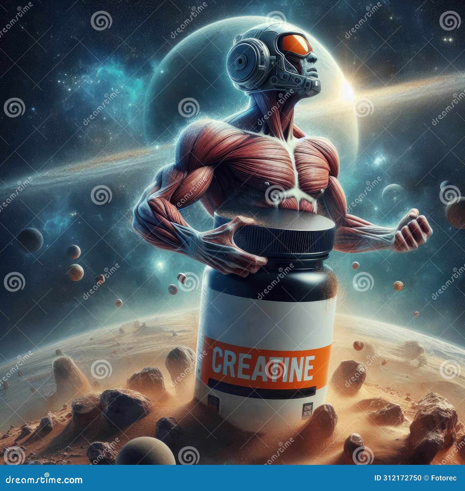 Illustration of Muscular Figure Emerging Dynamically from a Bottle of ...