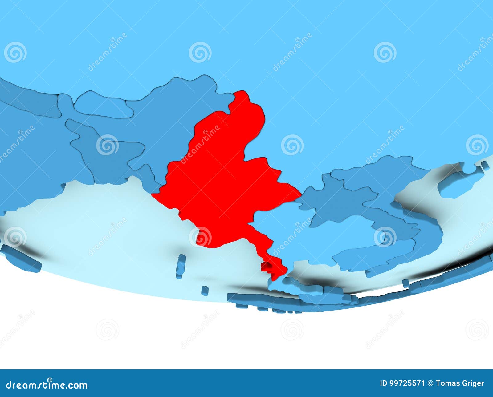 Myanmar in red on blue map stock illustration. Illustration of asian ...