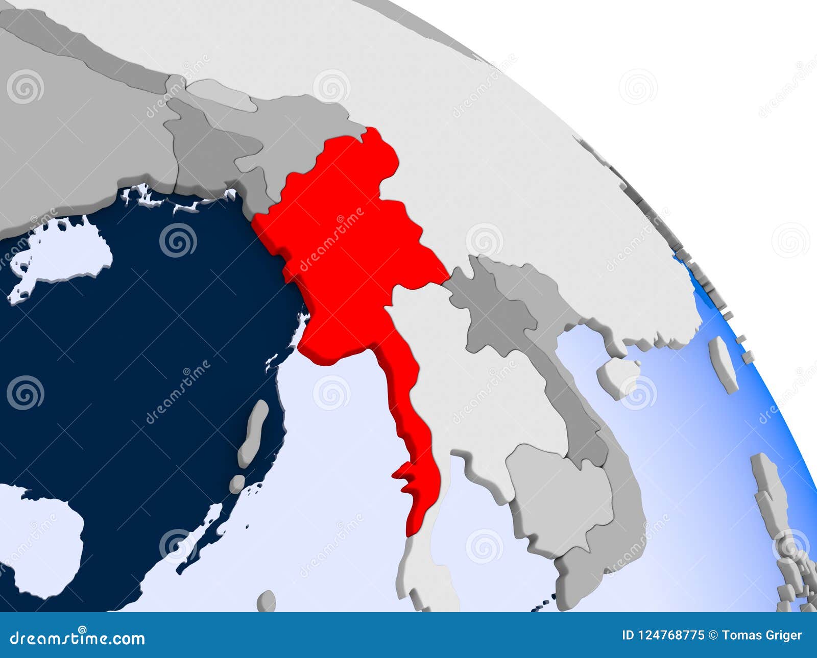Myanmar in red on map stock illustration. Illustration of asia - 124768775