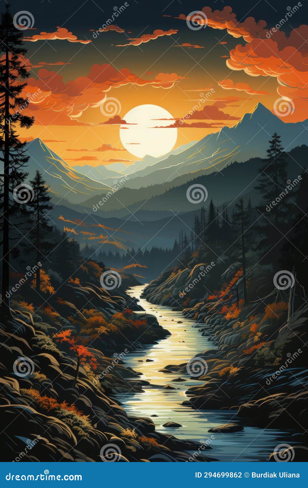 Illustration of Nature and Mountain with Big Sun and River. Evening ...