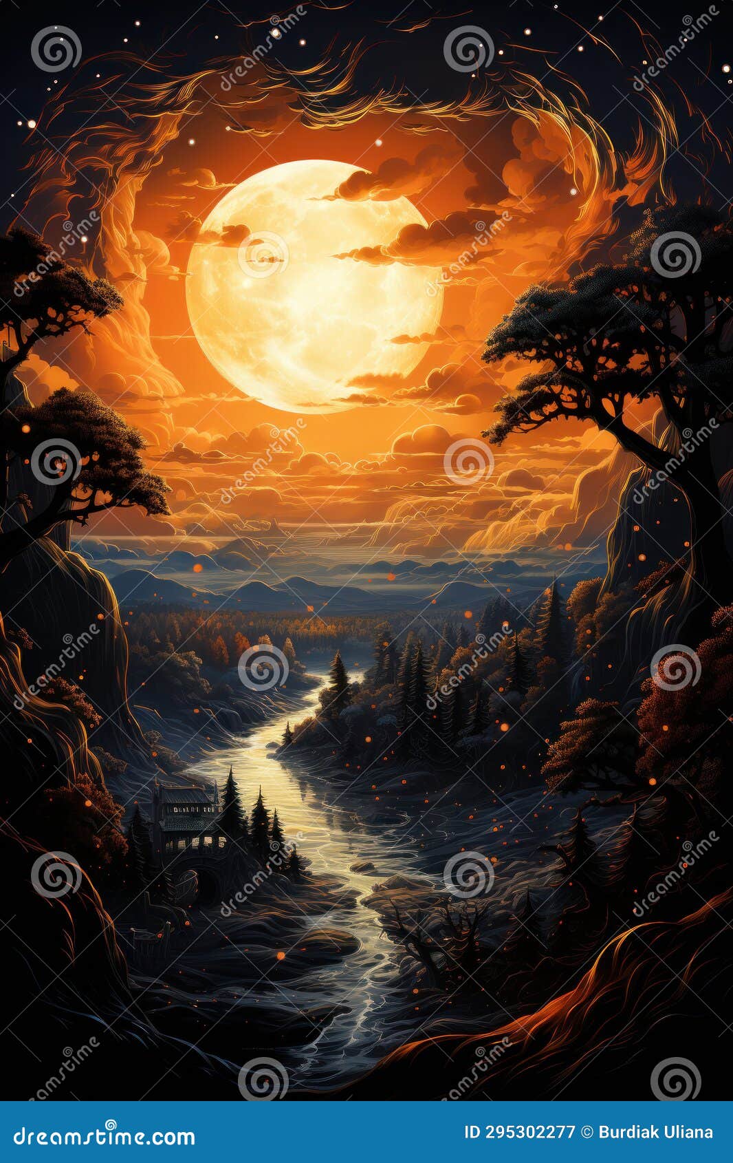 Illustration of Nature and Mountain with Big Sun and River. Evening ...