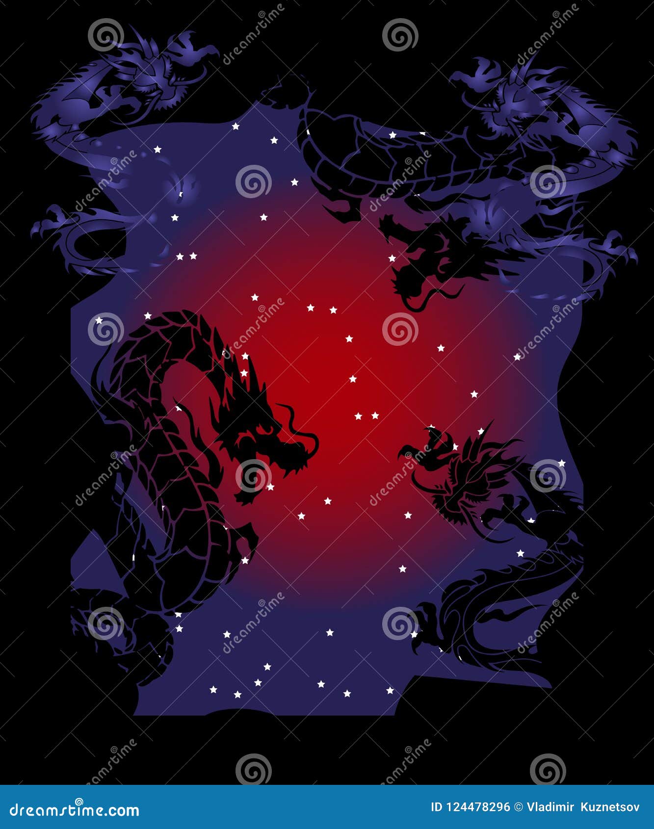 Illustration of Negative Space Dragons at Night, Silhouettes on Stock ...